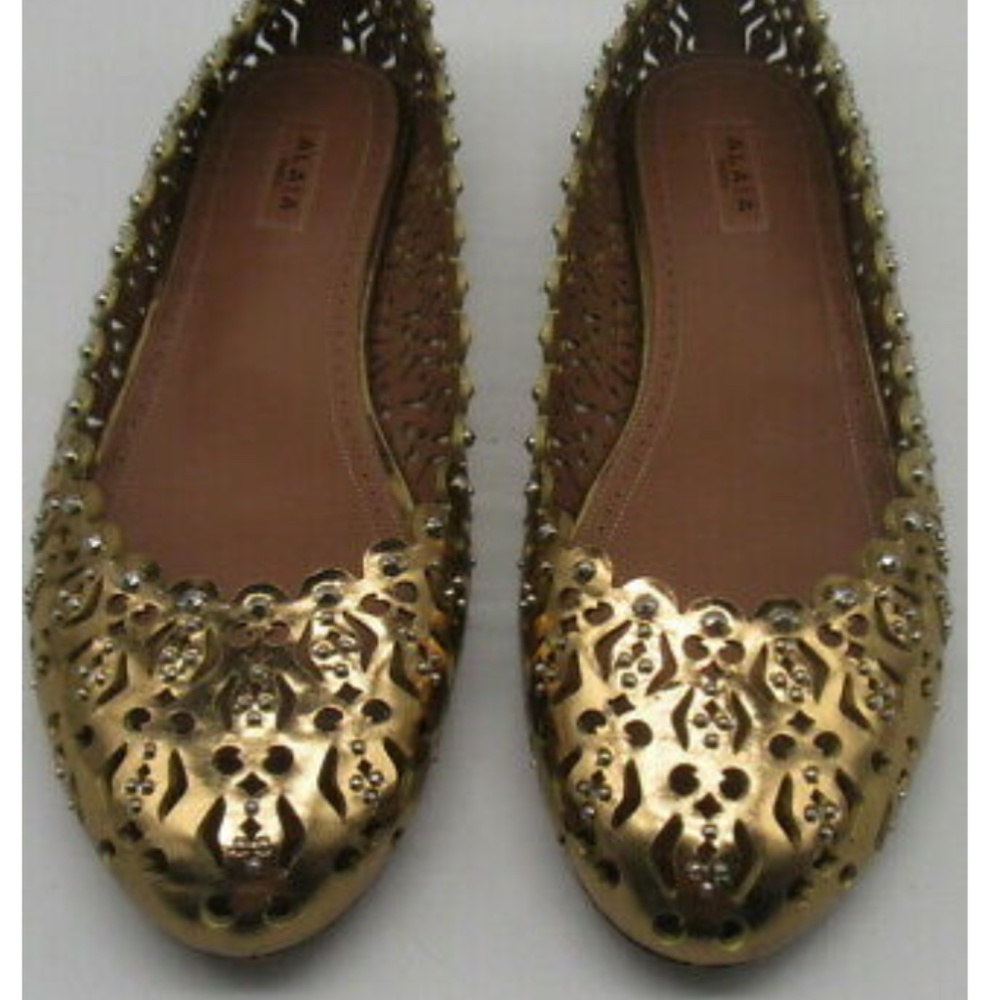 Alaia Laser-Cut Gold Studded Ballet Flats - Gem